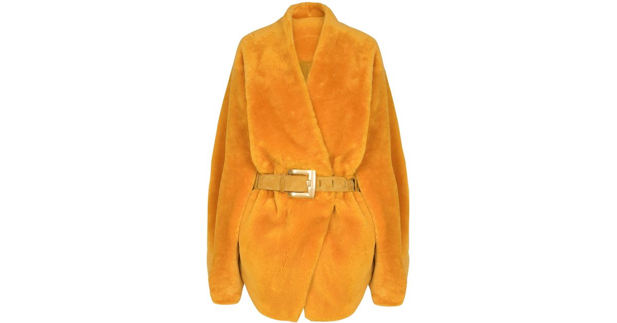 Balmain Shearling Belted Wrap Coat in Orange | Lyst