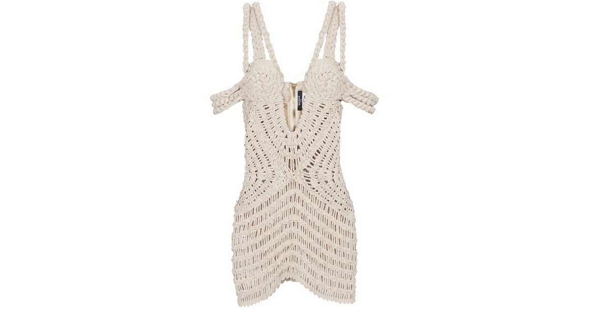 Balmain Macramé Openwork Dress in Natural | Lyst