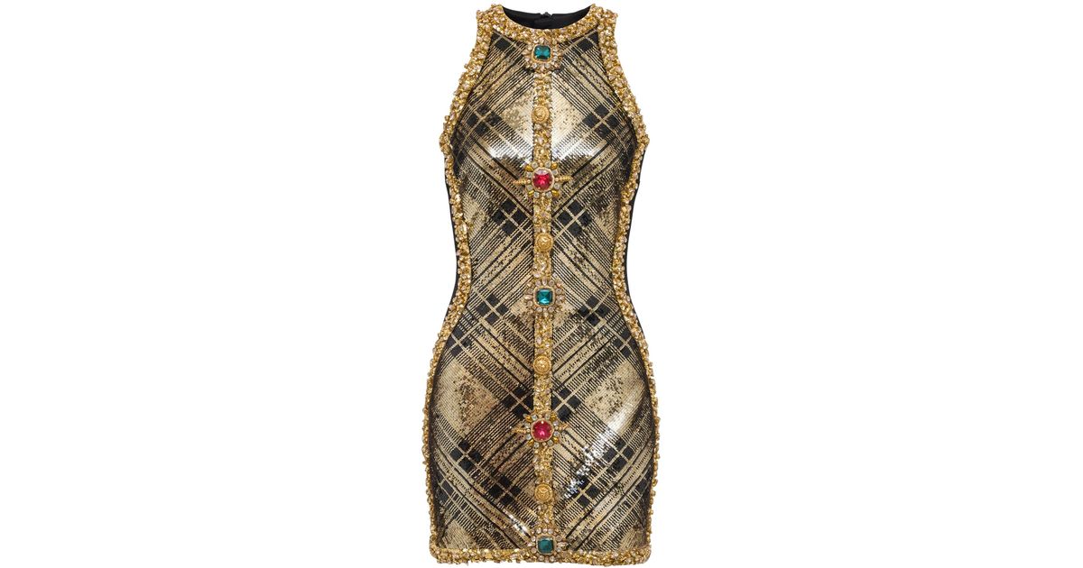Balmain Embellished Mini Dress in Green | Lyst UK