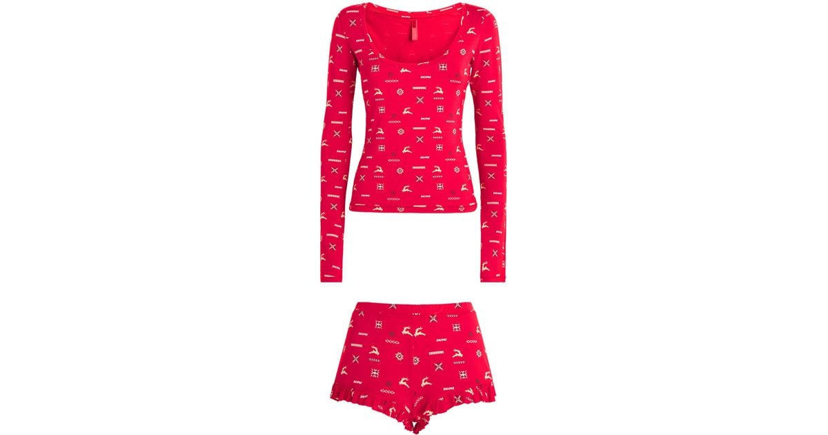 Skims Modal-Blend Festive Print Pyjama Top in Pink | Lyst UK