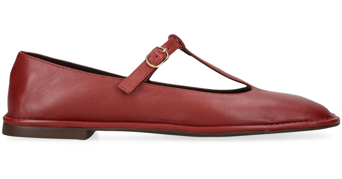 The Row Square T-Strap Leather Flats in Red | Lyst