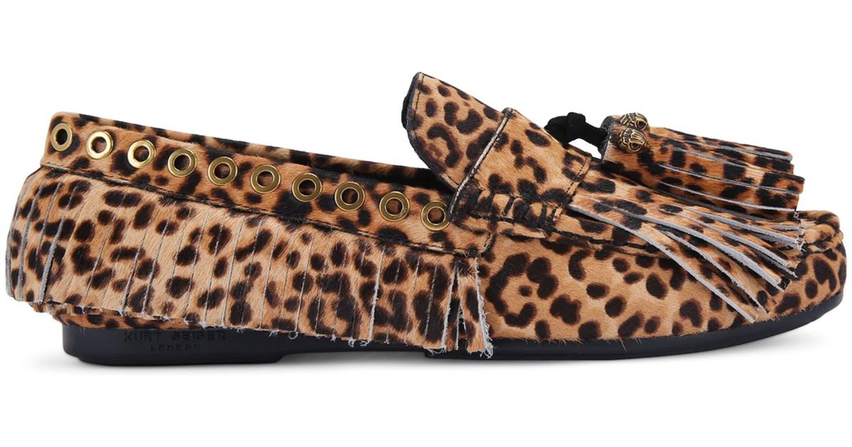 Kurt Geiger Leather Leopard Fringe Moccasins in Brown | Lyst