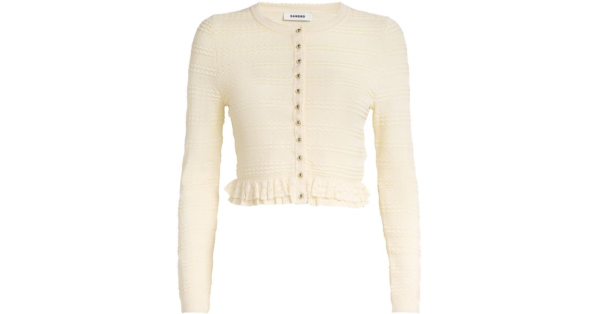 Sandro Frilled Cropped Cardigan in Natural | Lyst
