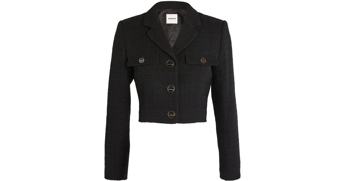 Sandro Tweed Cropped Jacket in Black | Lyst