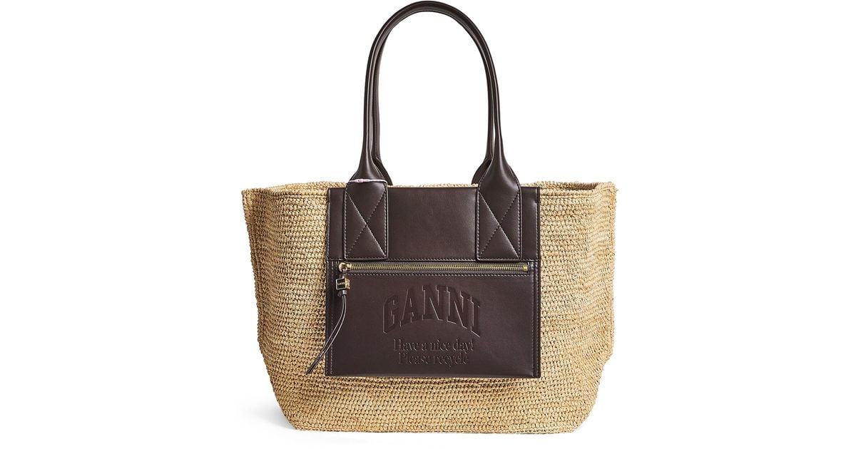 Ganni Medium Raffia-Leather Tote Bag in Brown | Lyst