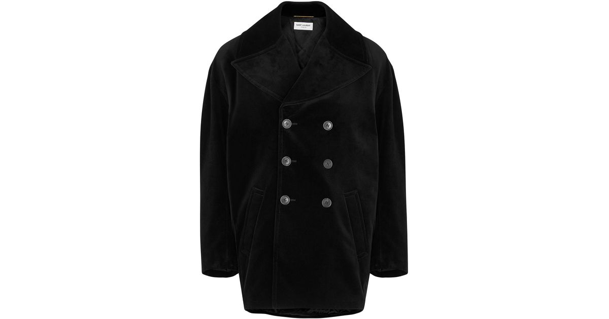 Saint Laurent Embellished Velvet Pea Coat in Black | Lyst