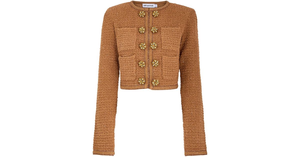 Self-Portrait Embellished Bouclé Tweed Jacket in Brown | Lyst