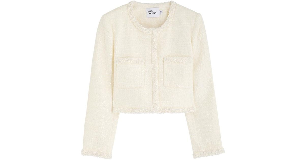 Self-Portrait Pearl And Sequin-Embellished Tweed Jacket in White | Lyst