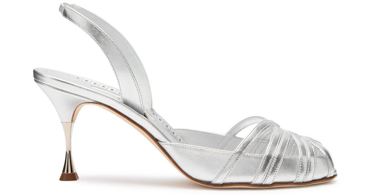 Manolo Blahnik Makanaksli 70 Metallic Leather Slingback Pumps in White ...