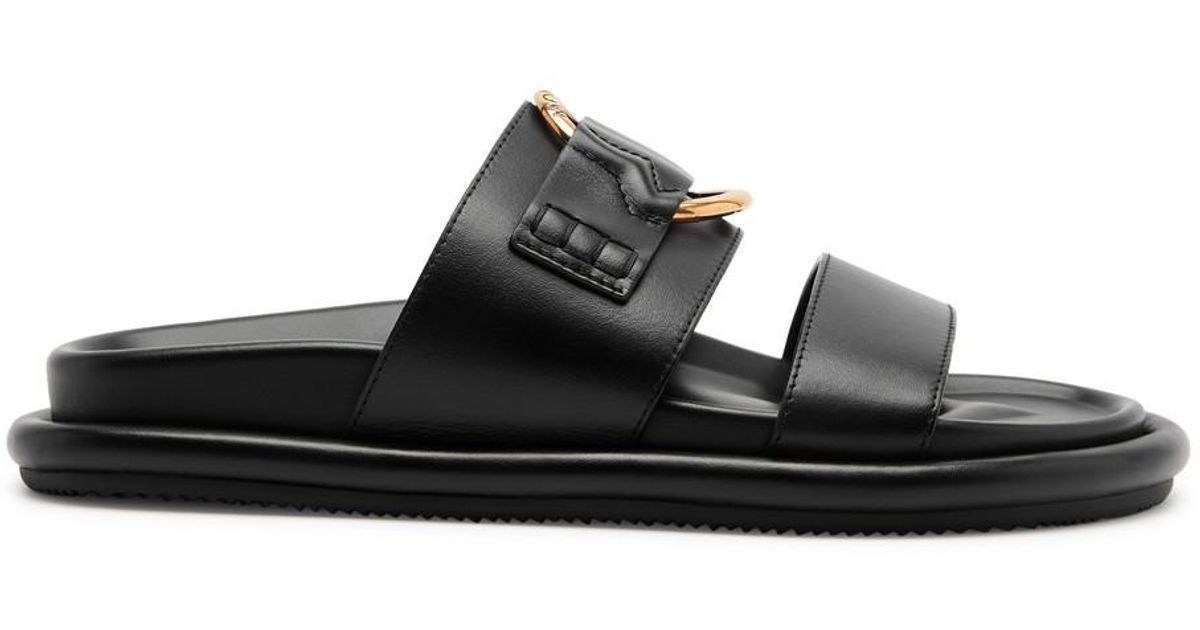 Moncler Bell Logo Leather Sliders in Black | Lyst