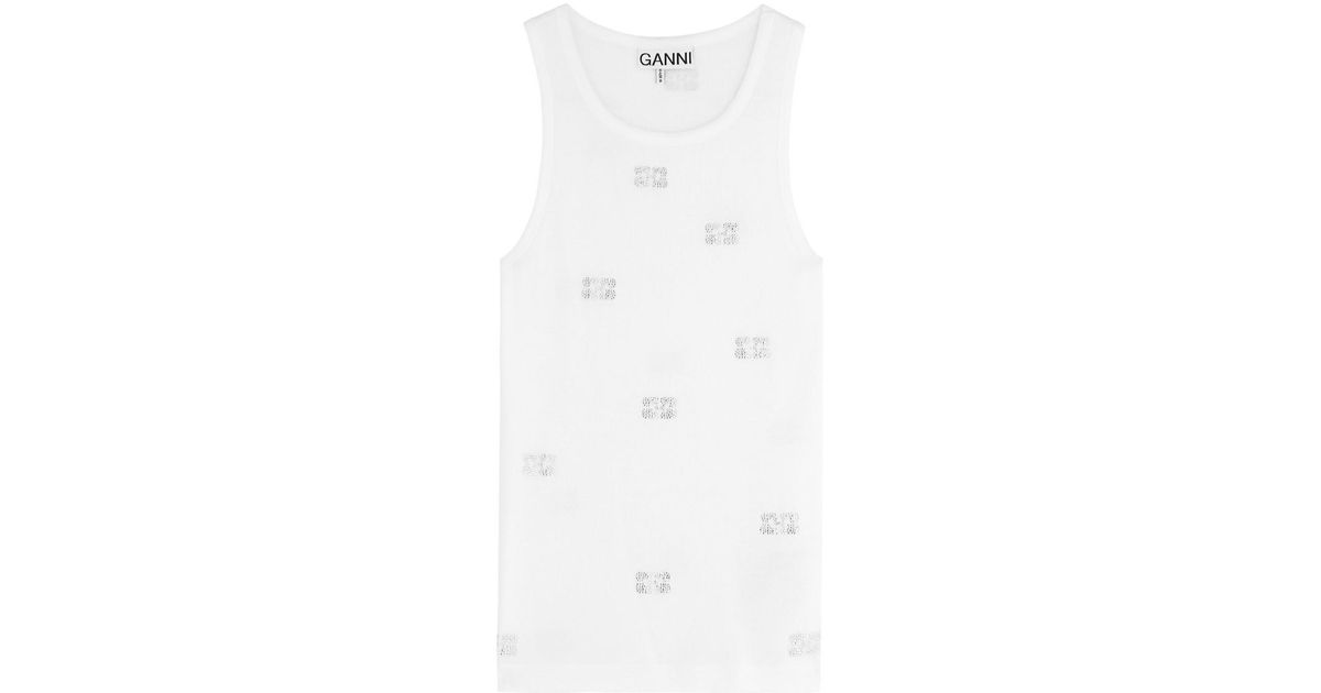 Ganni Logo-Embellished Stretch-Cotton Tank in White | Lyst