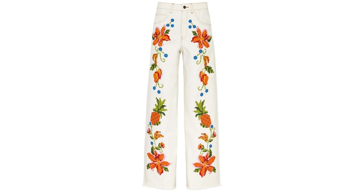 FARM Rio Floral Embroidered Wide Leg Jeans in White | Lyst