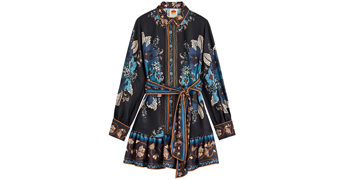 FARM Rio Blossom Tapestry Floral-Print Satin Mini Dress in Blue | Lyst