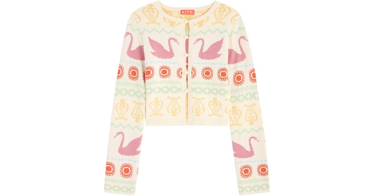 Kitri Carmel Swan-Intarsia Cotton-Blend Cardigan in Pink | Lyst