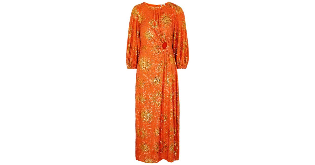 FARM Rio Sunny Mood Sequin-embellished Midi Dress in Orange | Lyst