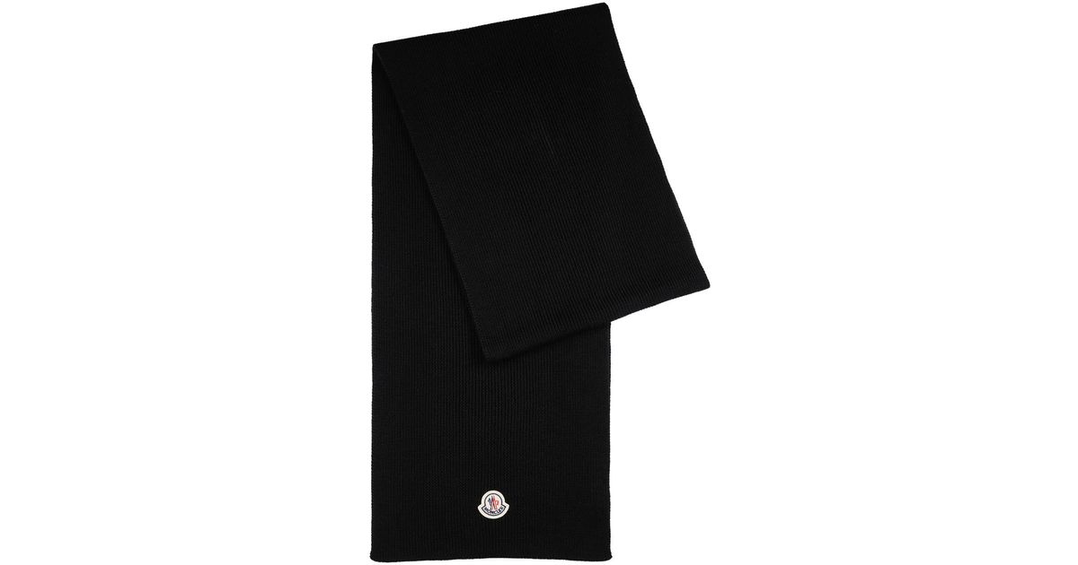 Moncler Logo Ribbed Wool Scarf in Black for Men | Lyst