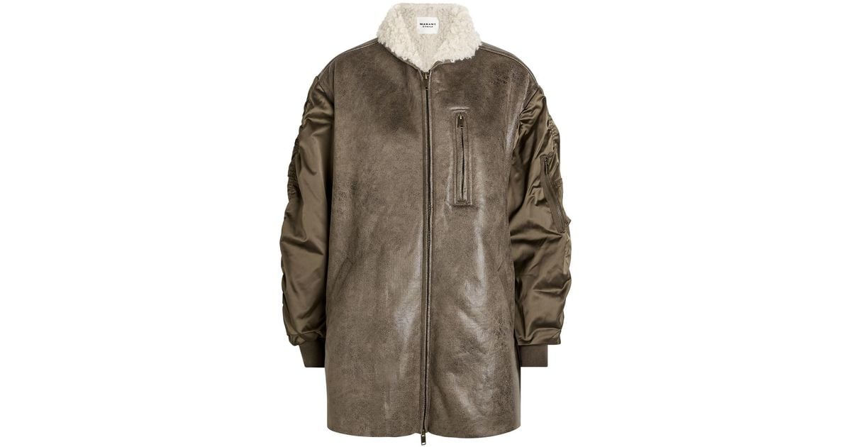 Isabel Marant Evina Shearling-Trimmed Faux Leather Coat in Brown | Lyst