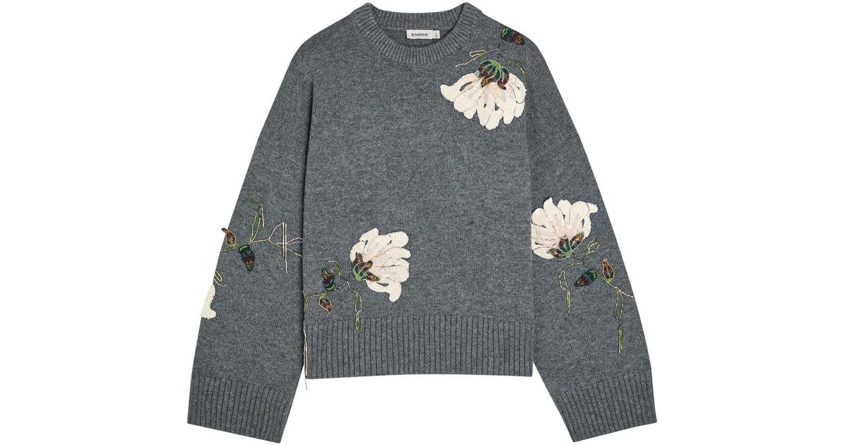 Jonathan Simkhai Dawna Floral-Embellished Wool-Blend Jumper in Grey ...