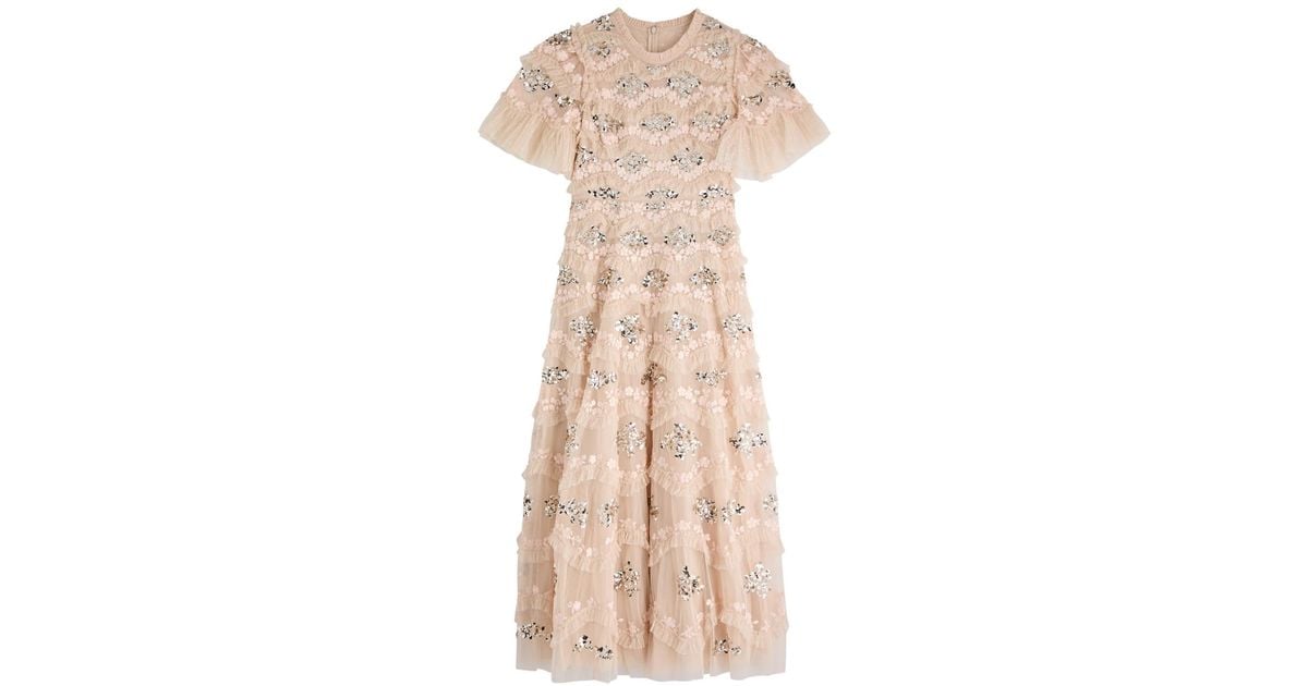 Needle & Thread Daisy Wave Embellished Ruffled Tulle Gown in Natural ...