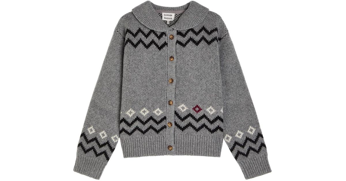 Damson Madder Cecily Intarsia Wool Cardigan in Grey | Lyst UK