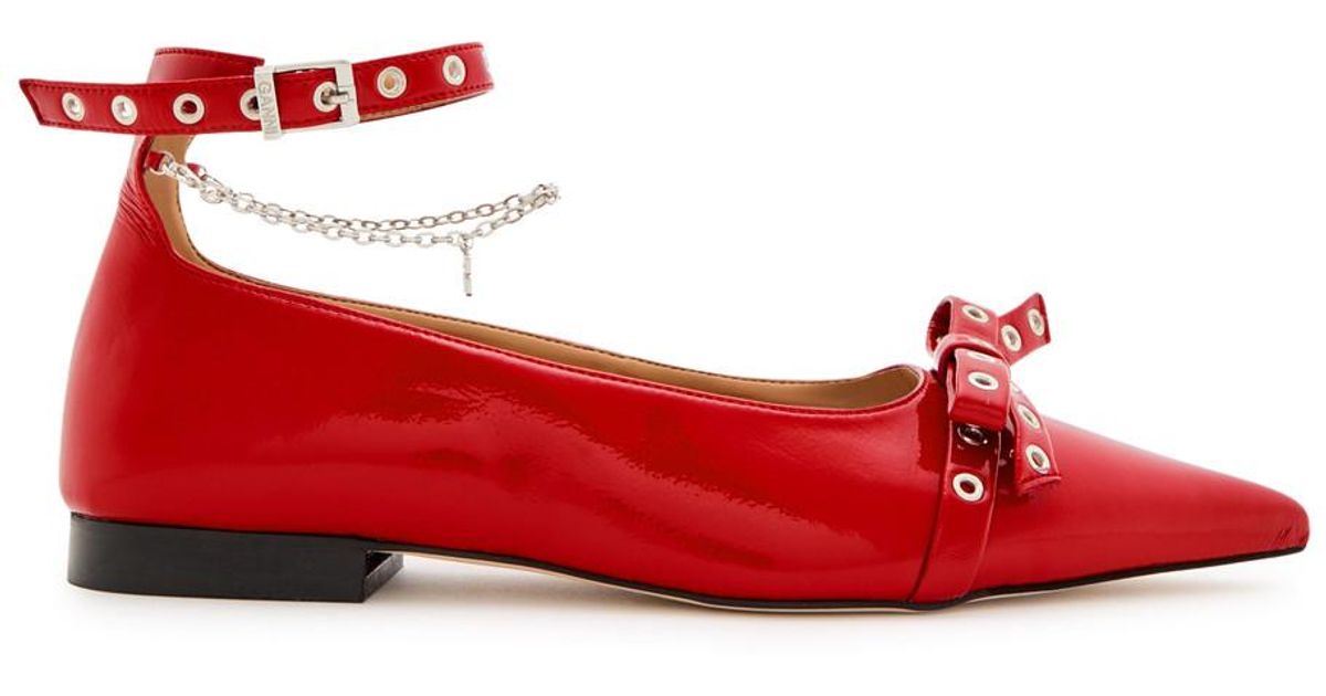 Ganni Chain-Embellished Patent Faux Leather Flats in Red | Lyst