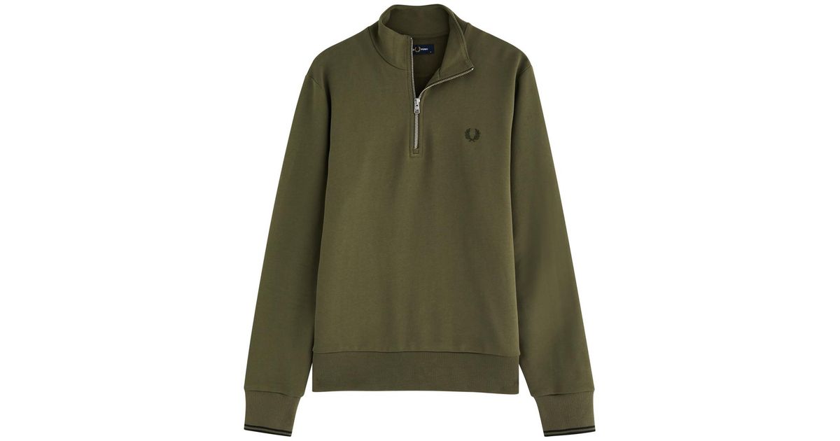 Fred Perry Logo Half-Zip Cotton Sweatshirt in Green for Men | Lyst