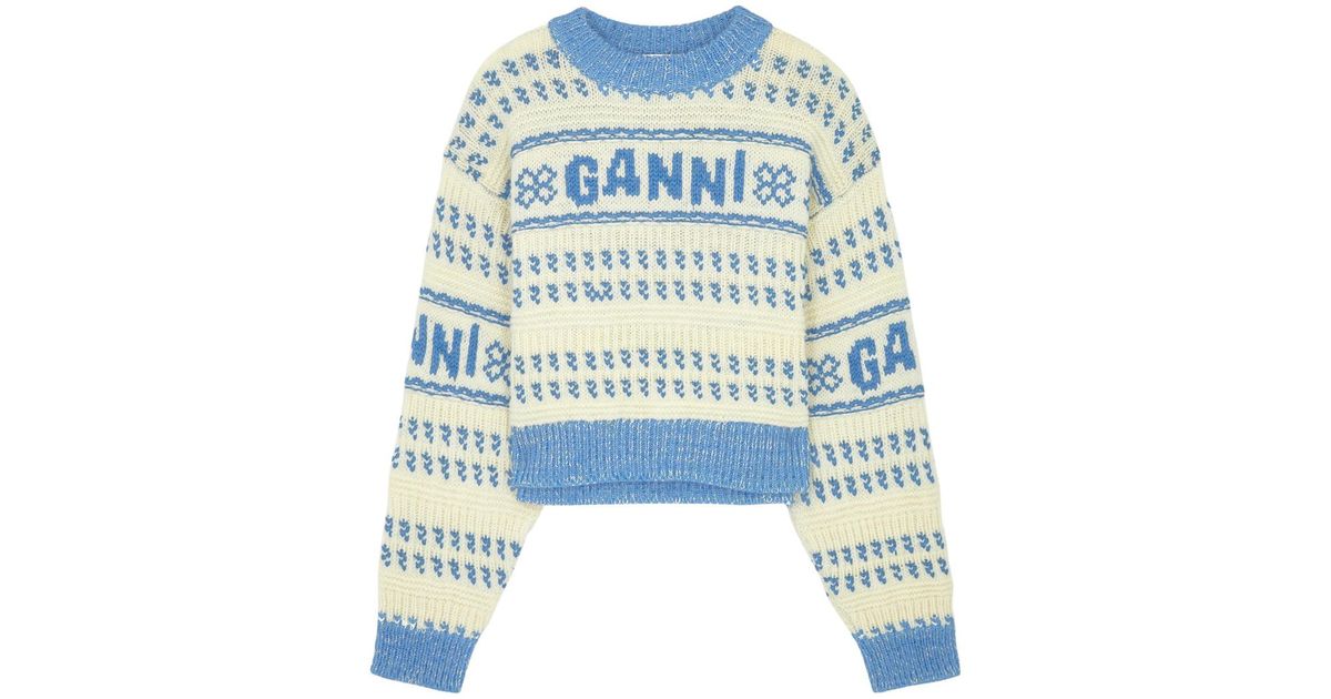 Ganni Logo-Intarsia Wool Jumper in Blue | Lyst