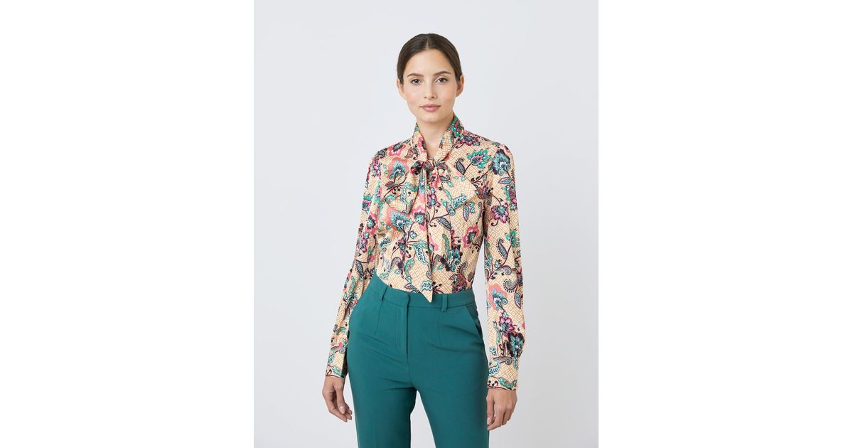 Hawes And Curtis Geometric Floral Fitted Satin Blouse In White Orange