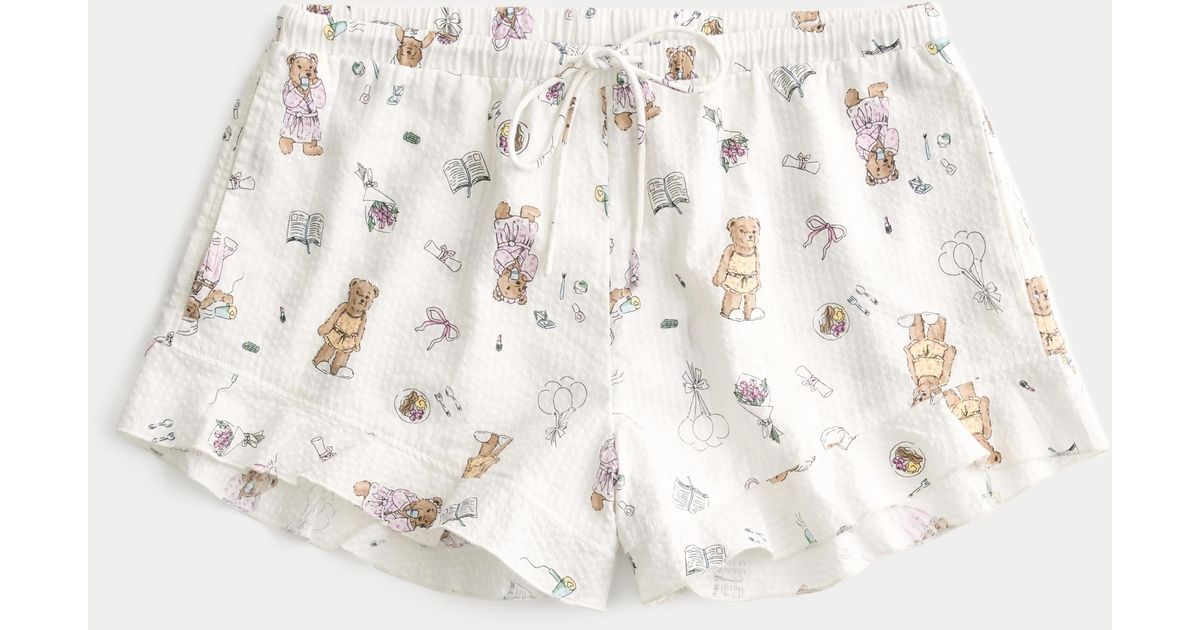 Hollister Bear Pattern Ruffled Seersucker Pajama Shorts in Natural ...