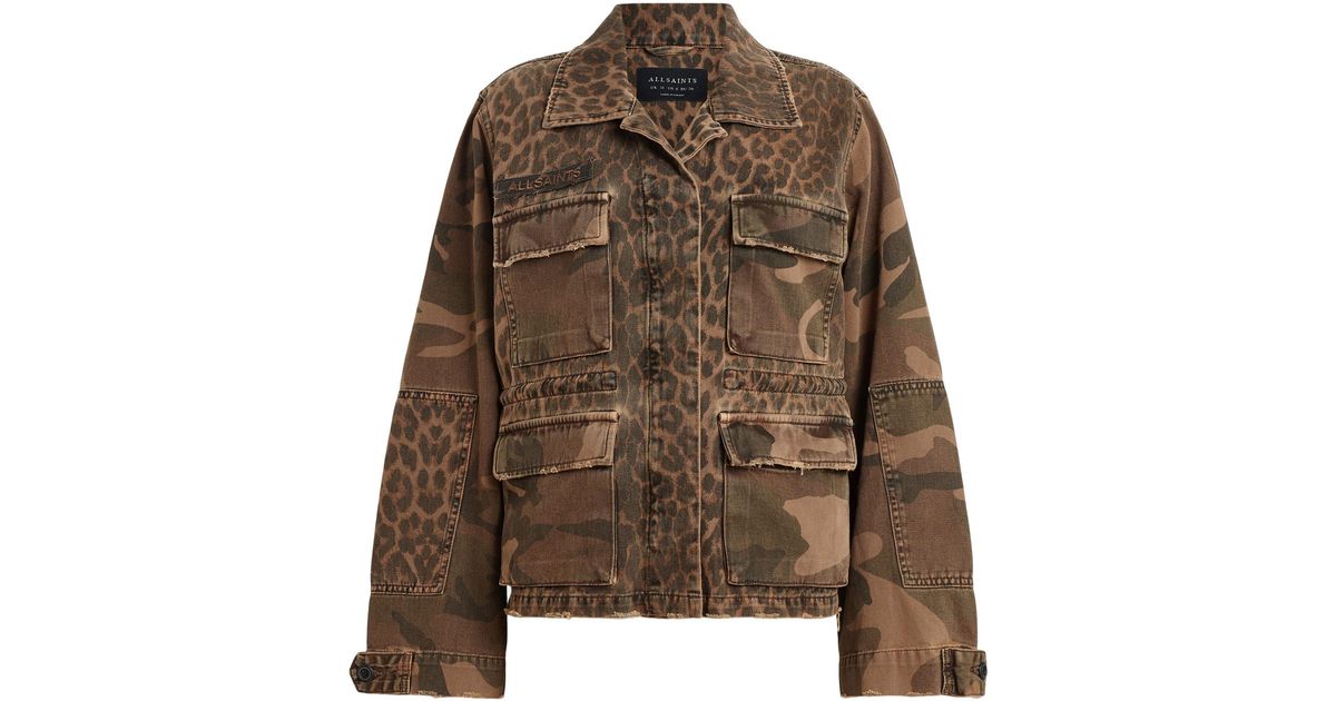AllSaints Finch Leopard Camo Cotton Denim Jacket in Brown | Lyst UK