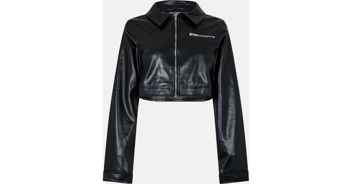Missy Empire Cropped Faux Leather Biker Jacket in Black | Lyst UK