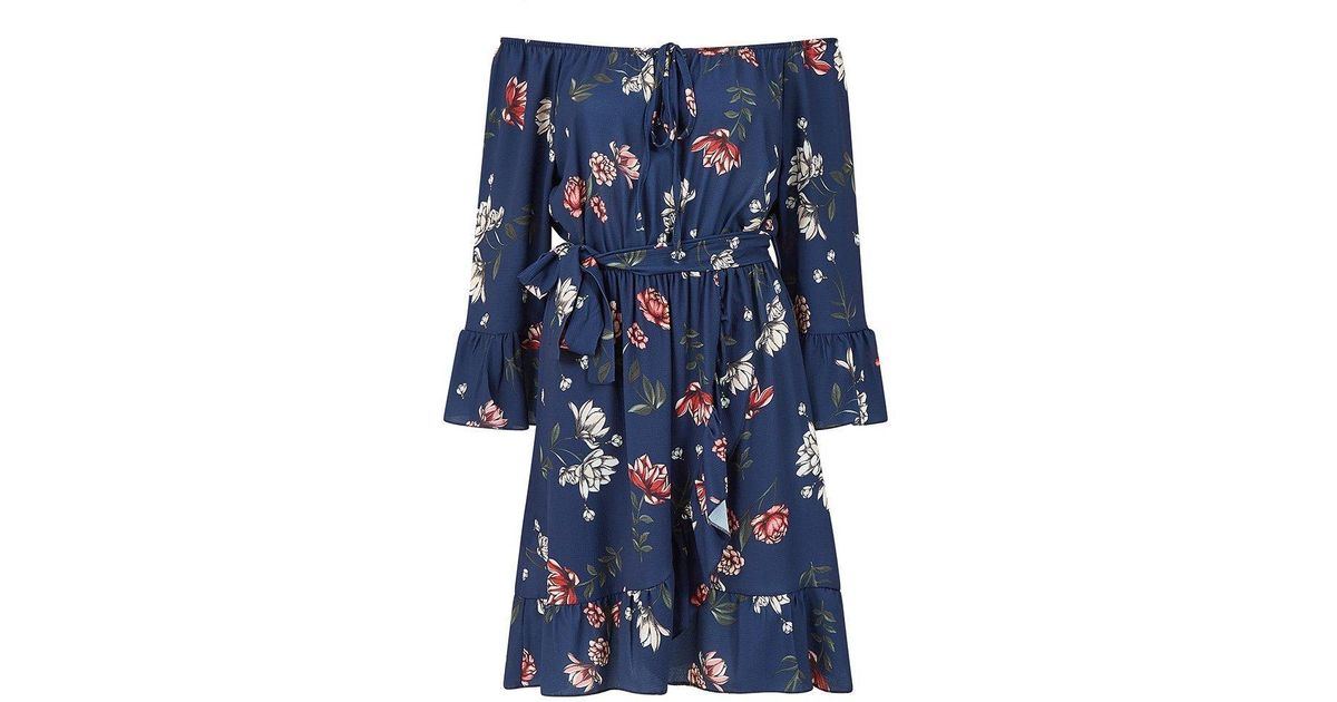 Mela London Floral Bardot Frill Maxi Dress in Blue | Lyst UK