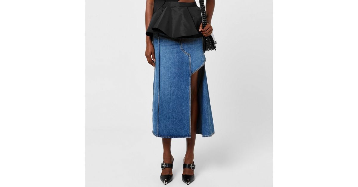 McQueen Slashed Denim Midi Skirt in Blue | Lyst UK