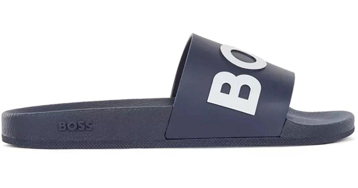 BOSS Bay Logo Sliders, Branding Strap Sandals in Blue for Men | Lyst UK