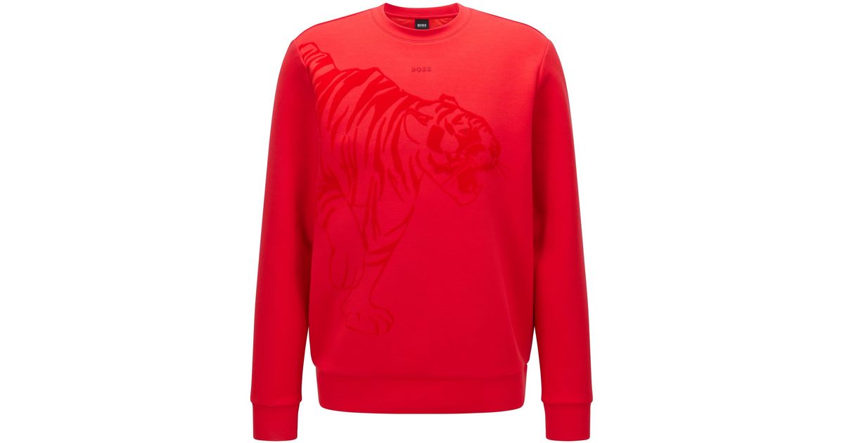 BOSS Relaxed-fit Jersey Sweatshirt With Flock-print Tiger Artwork in ...