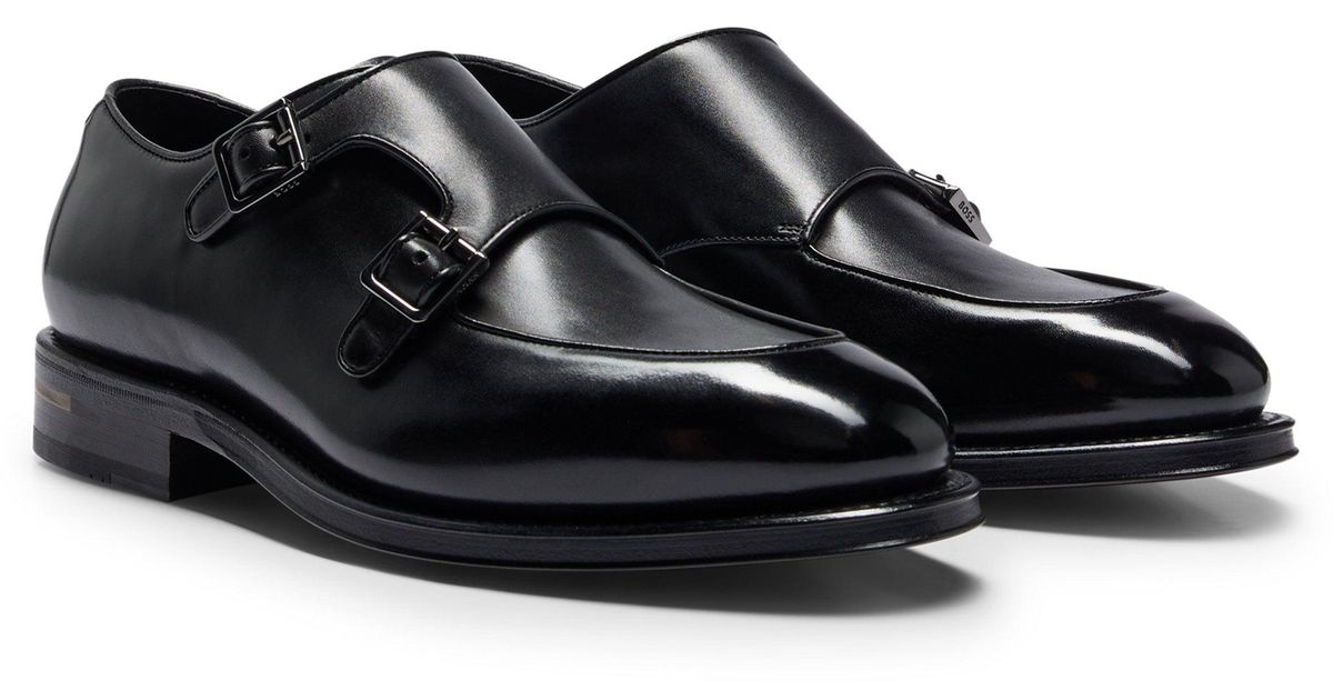 BOSS Double-monk Shoes In Burnished Italian Leather in Black for Men | Lyst