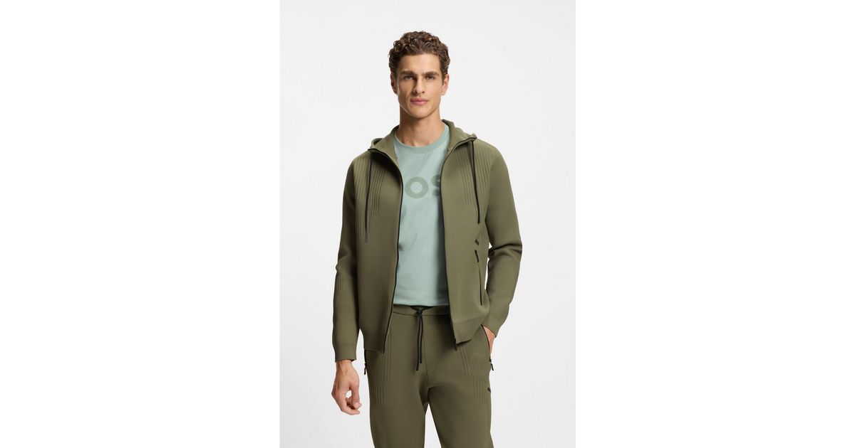 BOSS Active Regular-Fit Zip-Up Hoodie With Jacquard Stripes in Green ...
