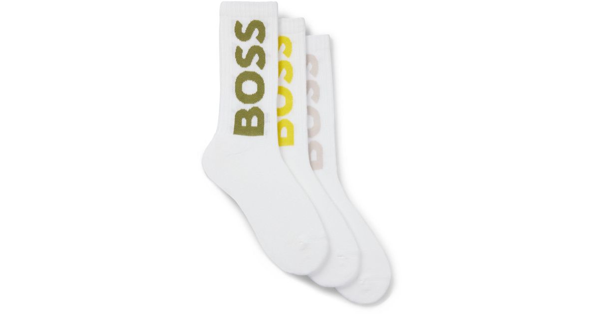 BOSS Three-Pack Of Short Socks With Large Logos in White for Men | Lyst UK