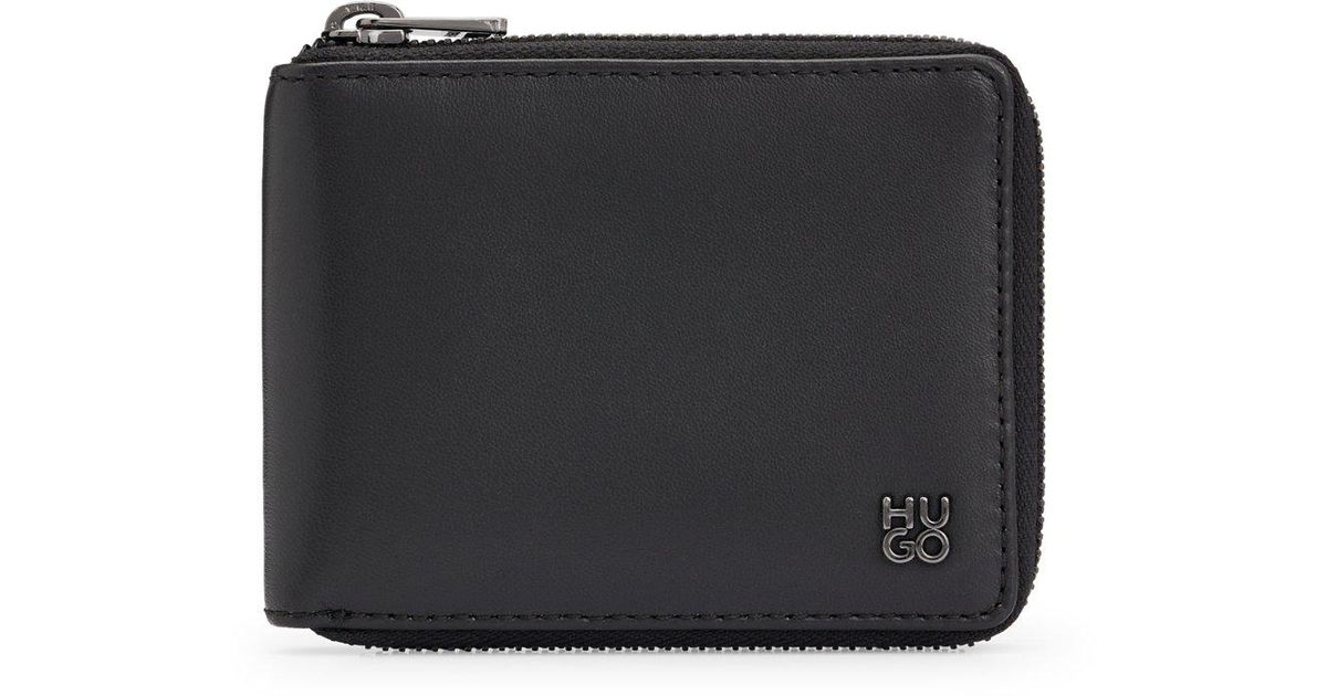 HUGO Matte-leather Ziparound Wallet With Stacked Logo in Black for Men ...
