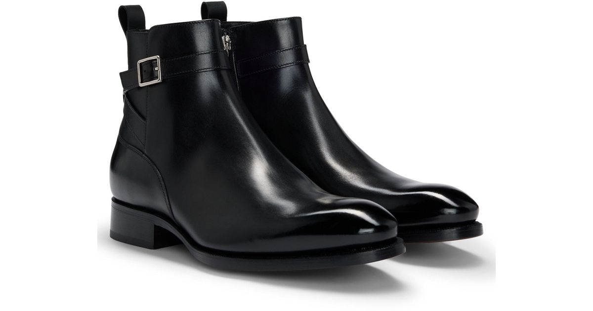 BOSS Leather Jodhpur Boots With Zip Closure And Buckled Strap in Black ...