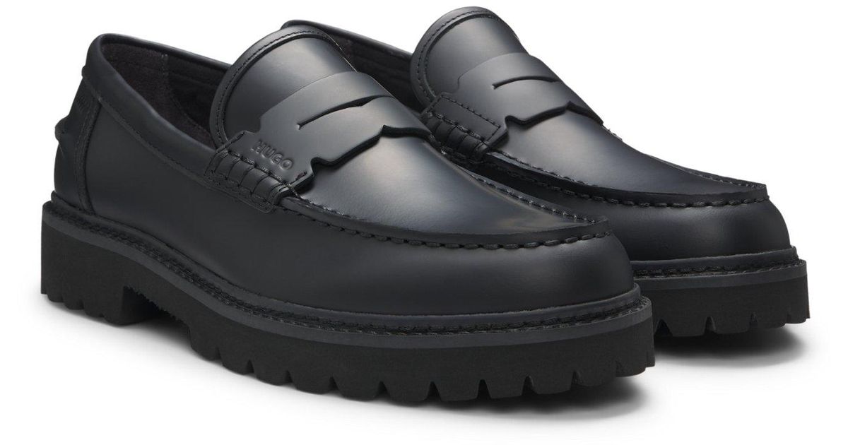 HUGO Leather Loafers With Lug Outsole in Black for Men | Lyst UK