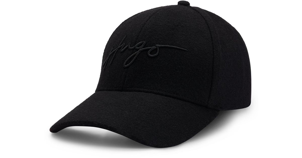 HUGO Wool-blend Cap With Embroidered Handwritten Logo in Black | Lyst