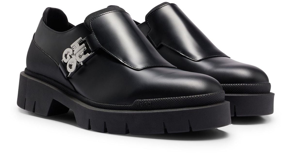 HUGO Stacked-logo Monk Shoes In Brush-off Leather in Black for Men ...
