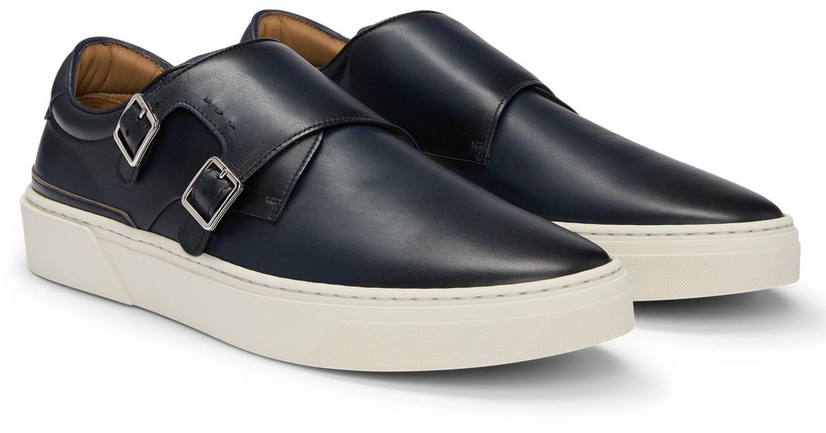 BOSS Burnished-leather Trainers With Double Monk Strap in Blue for Men ...