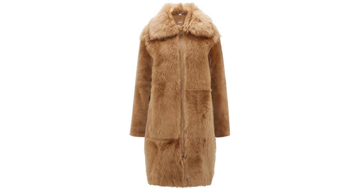 BOSS Shearling Coat With Zip-up Closure in Natural | Lyst Canada