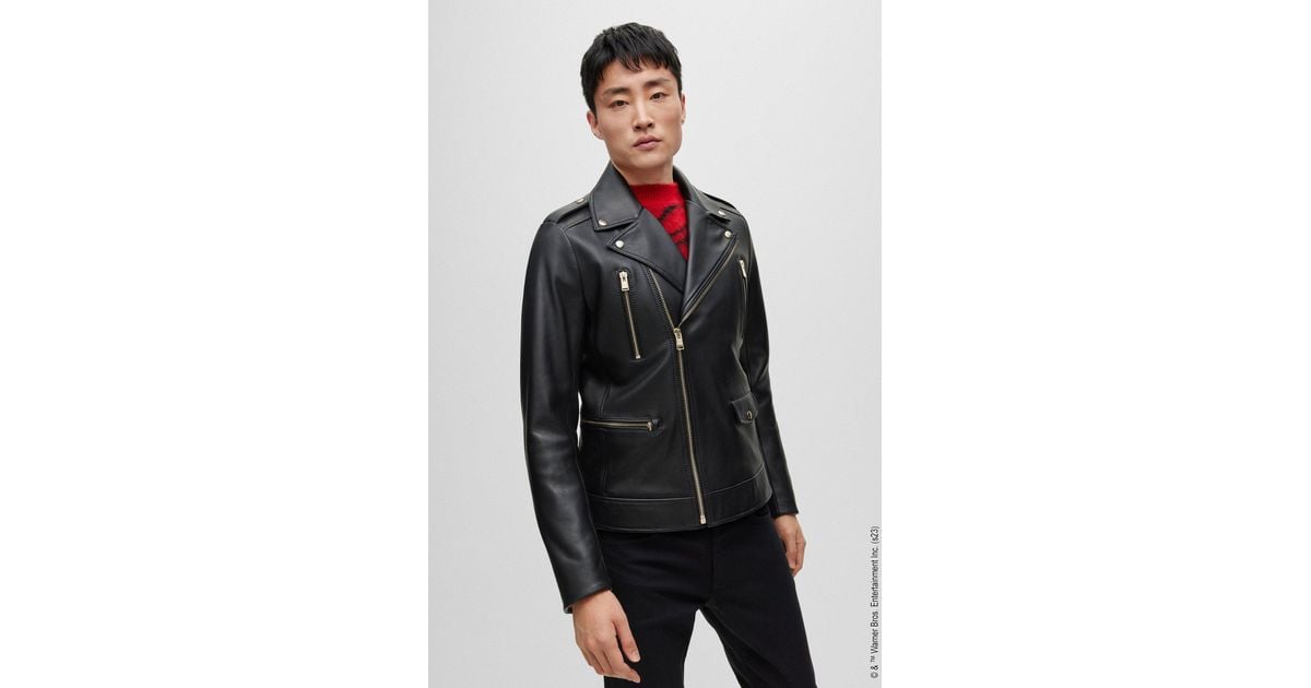 BOSS Looney Tunes X Asymmetric Leather Jacket With Monogram Lining in ...