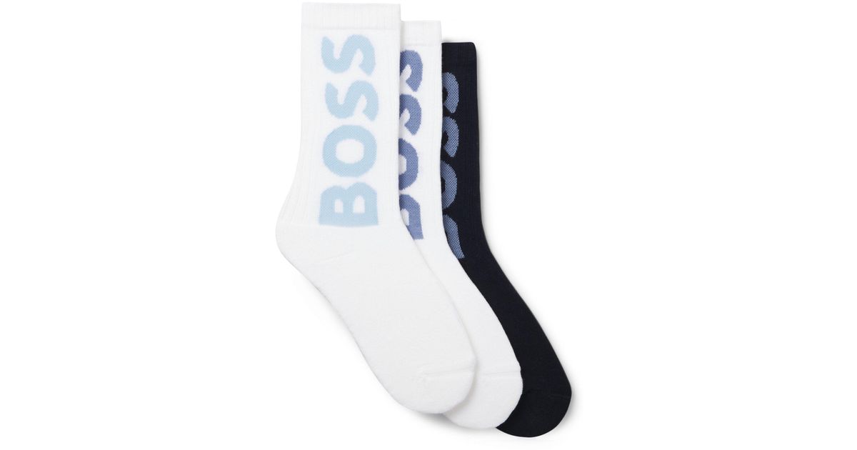 BOSS Three-Pack Of Short Socks With Large Logos in Blue for Men | Lyst UK