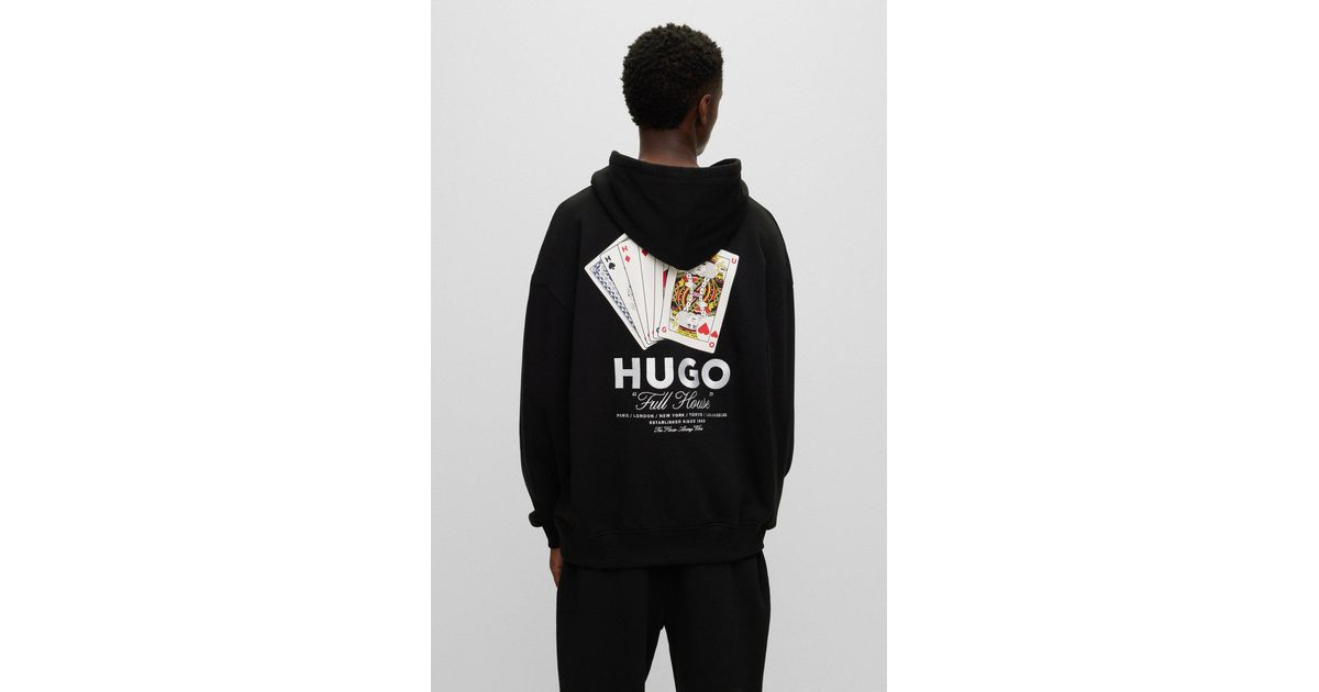 HUGO Oversized-fit Hoodie With Playing-card Artwork in Black for Men ...