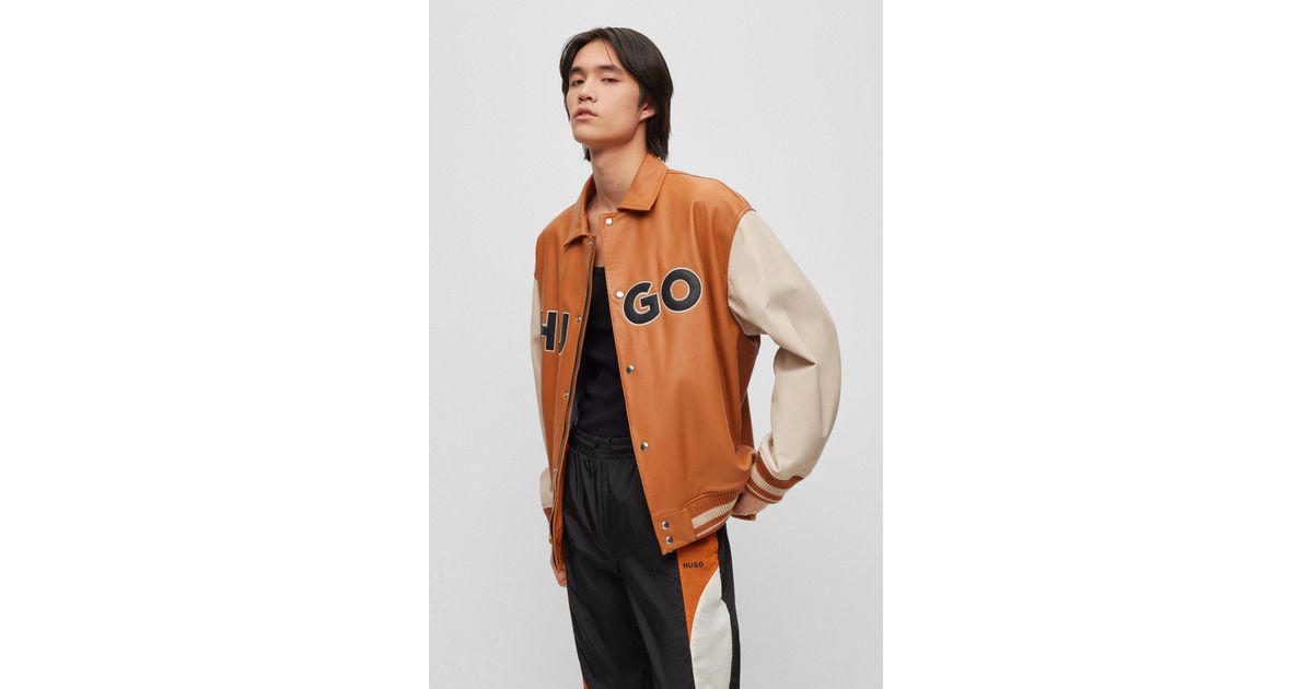 HUGO Colour-blocked Logo Varsity Jacket In Leather in Brown for Men ...