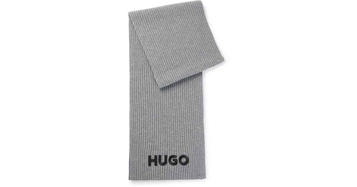 HUGO Ribbed Scarf In Wool With Embroidered Logo in Gray for Men | Lyst